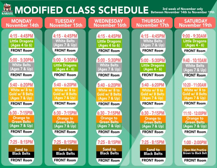 November: Modified Class Schedule – Emerald City Karate
